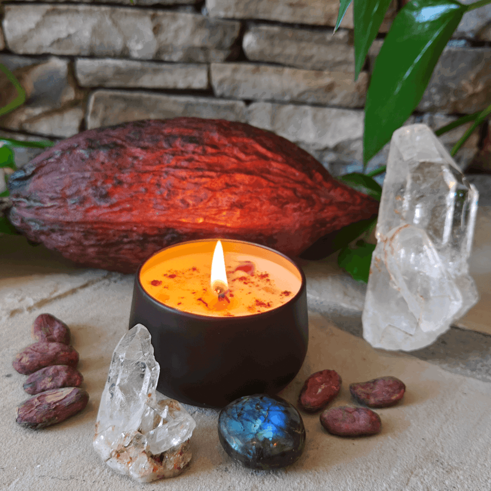 Maya Moon Cacao Infused Candle, Natural Soy with Healing Crystals, Uni