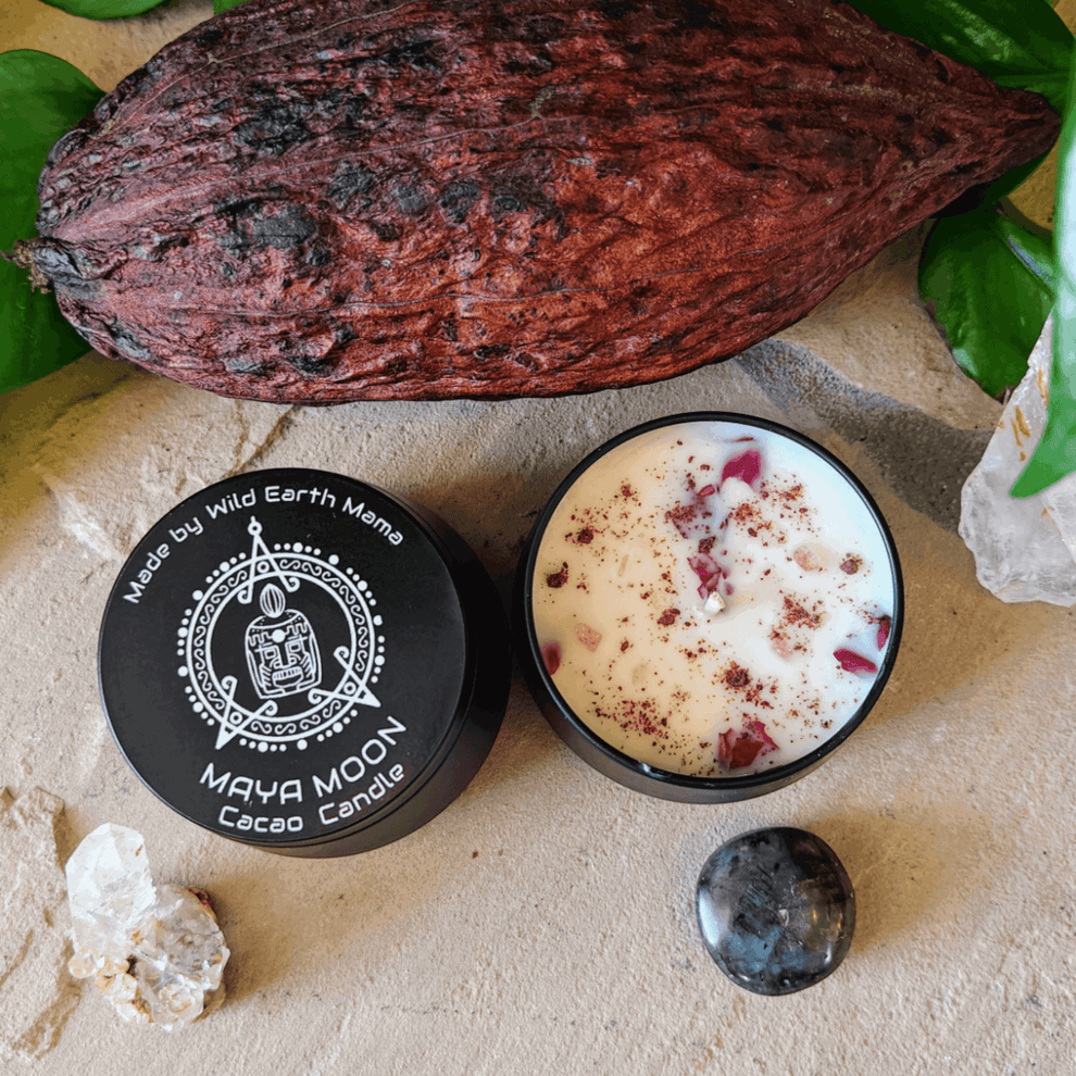 Maya Moon Cacao Infused Candle, Natural Soy with Healing Crystals, Uni