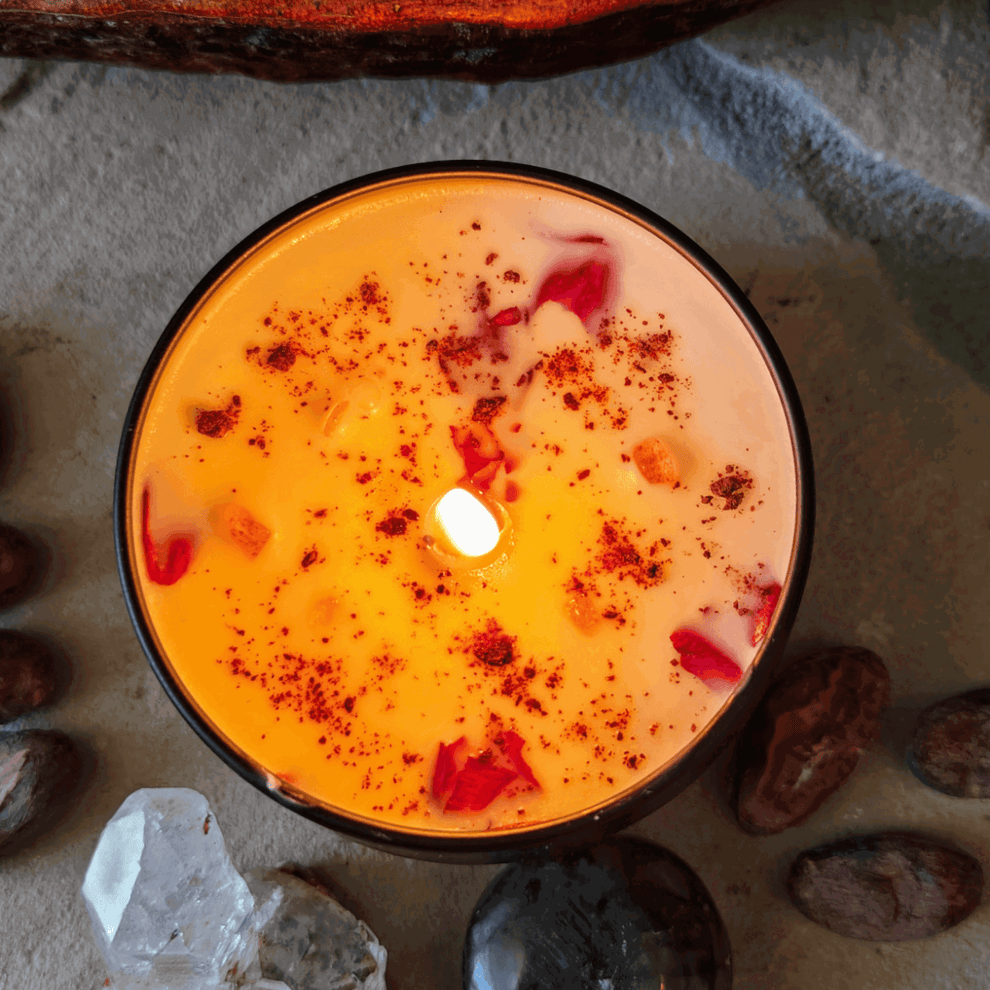 Maya Moon Cacao Infused Candle, Natural Soy with Healing Crystals, Uni