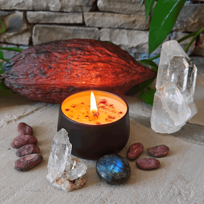 Maya Moon Cacao Infused Candle, Natural Soy with Healing Crystals, Uni