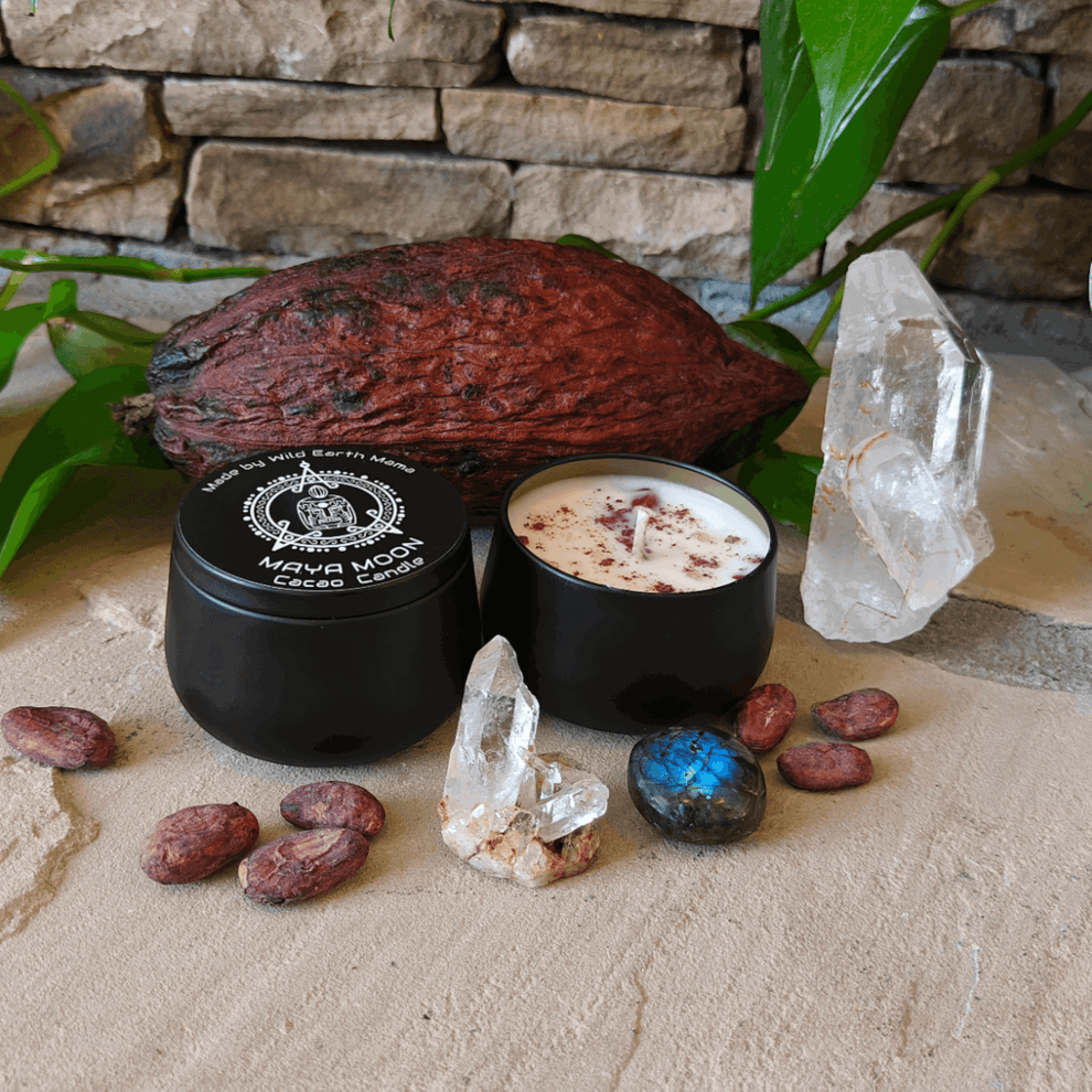 Maya Moon Cacao Infused Candle, Natural Soy with Healing Crystals, Uni